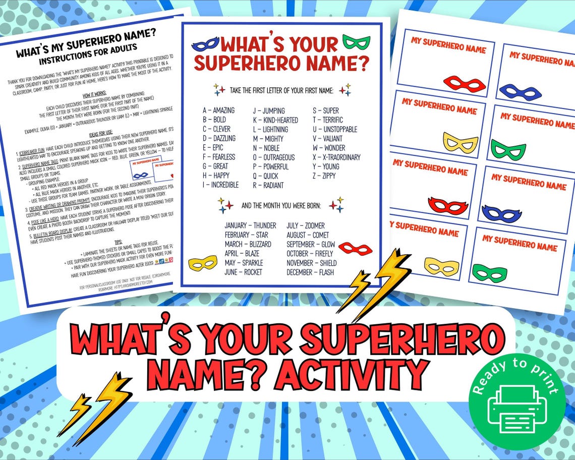 What's My Superhero Name? Printable Game for Kids: Halloween, Party, or ...