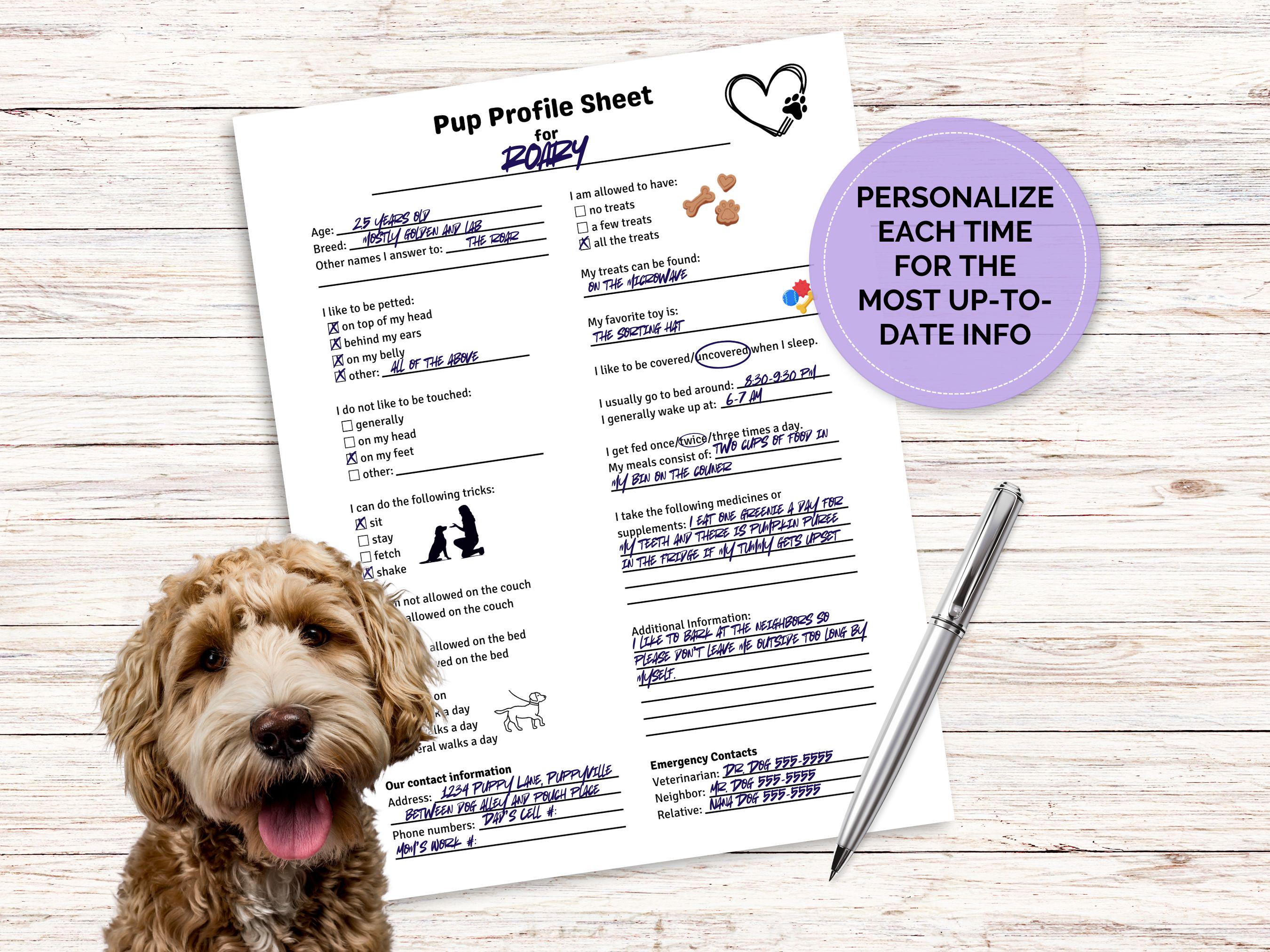 Printable Pup Profile Sheet | Dog Care Information for Pet Sitters ...