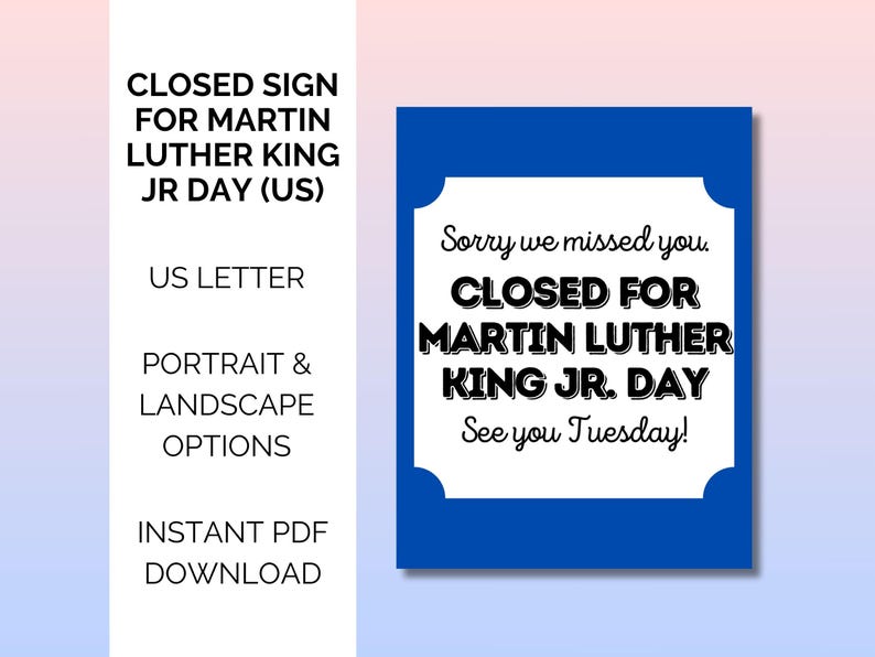MLK Day Closed Sign – Instant Download PDF | Printable Business Door ...
