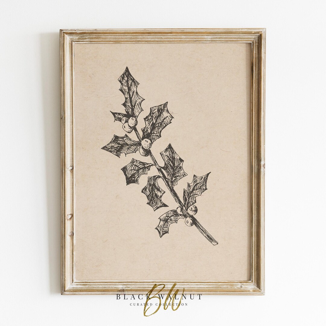 Winter Botanical Neutral Wall Art, Christmas Holly Minimalist Sketch ...