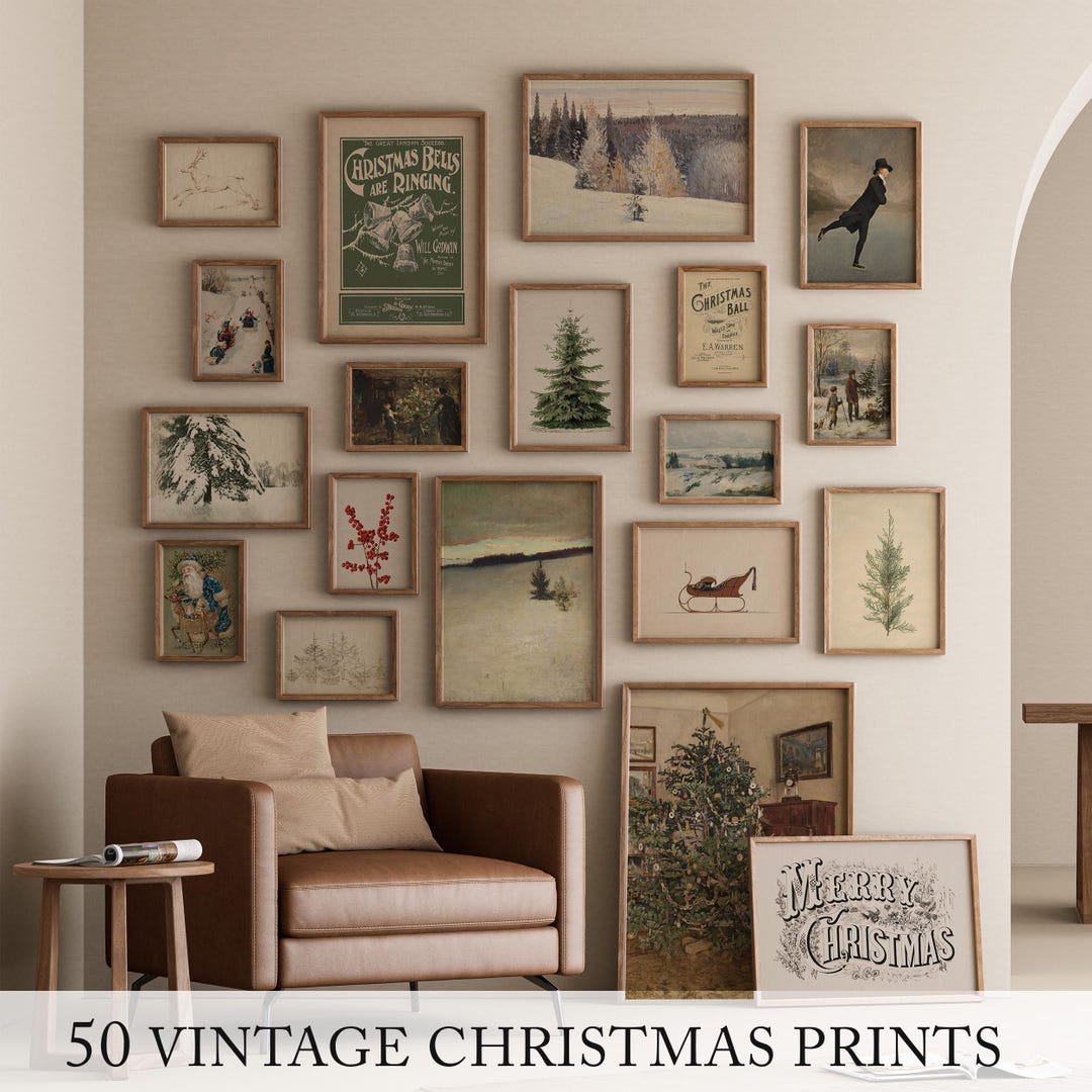 Vintage Christmas Print Set, Winter Holiday Wall Art Bundle, Printable ...