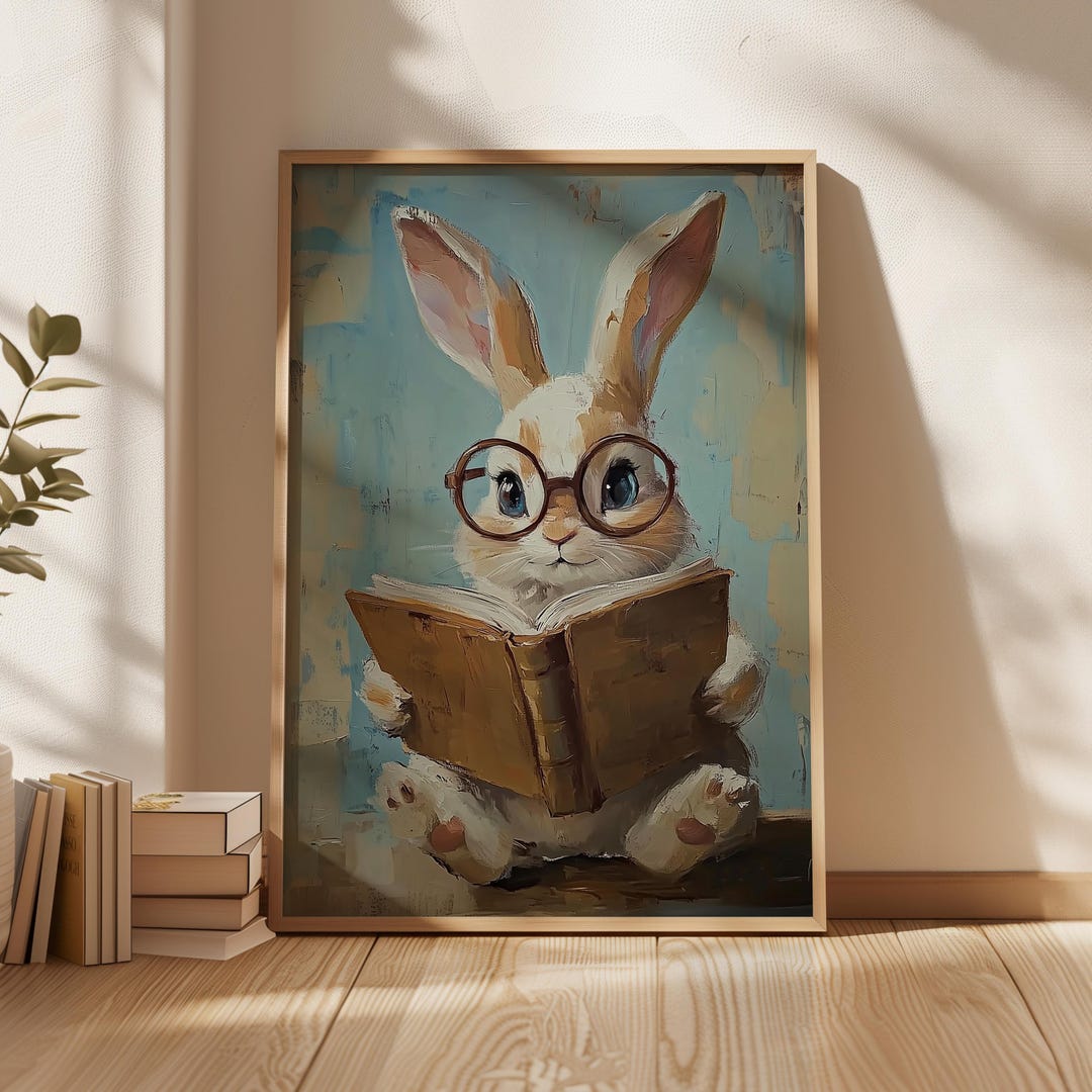 Easter Bunny Digital Print Cute Rabbit Reading a Book Printable Wall ...