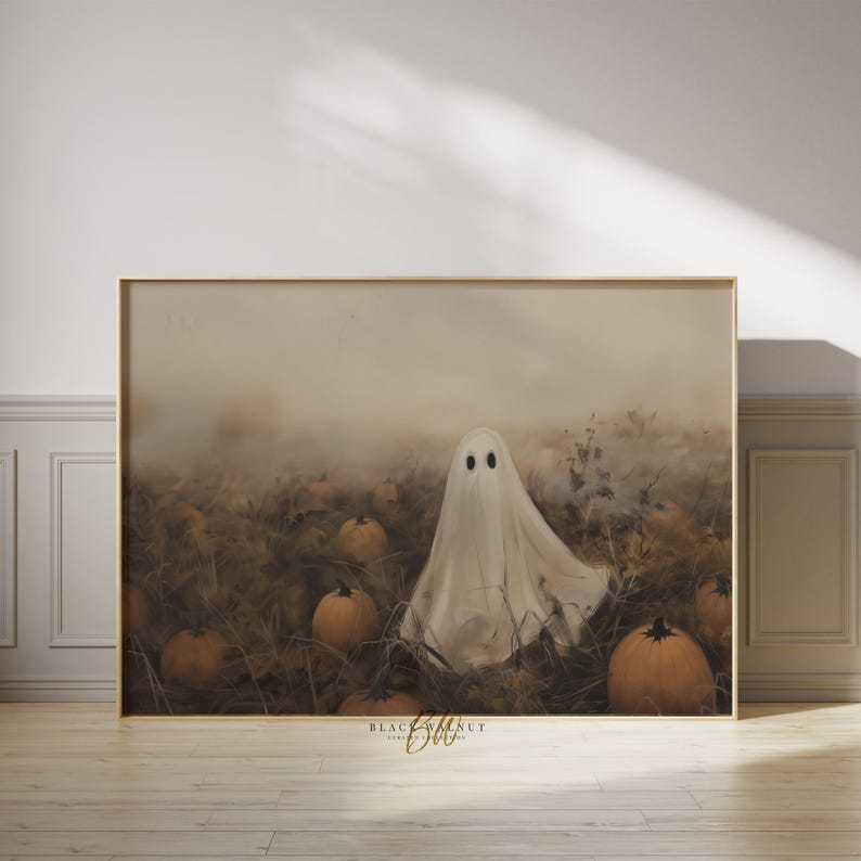 Ghost Painting, Rustic Ghost in Pumpkin Patch Art Print, Halloween ...