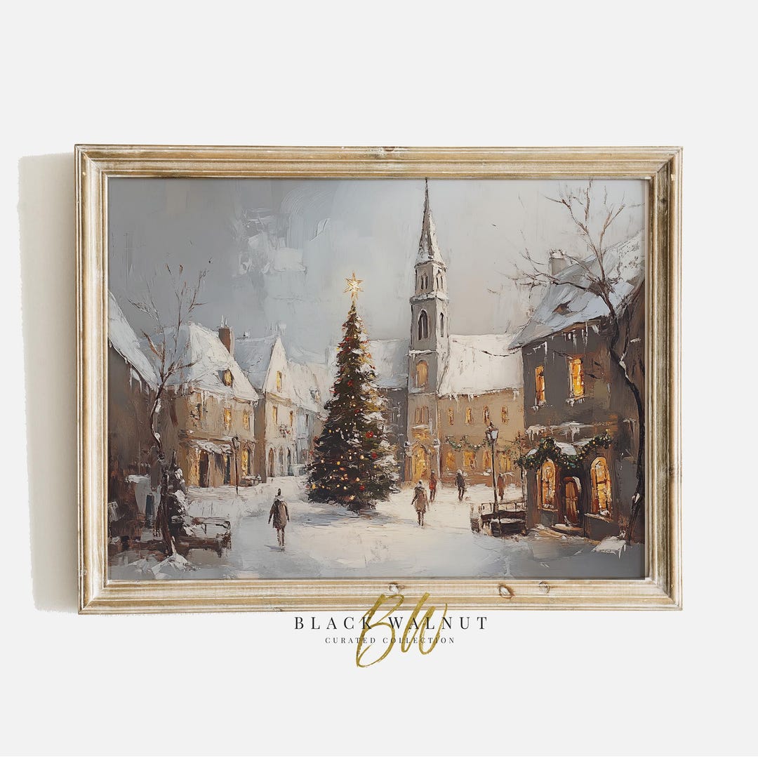 Vintage Christmas Village Art Print, Printable Winter Landscape Wall ...