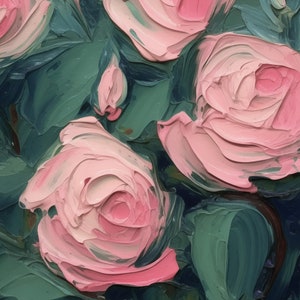 Abstract Pink Roses Painting, Vintage Style Floral Print, Pink Teal ...