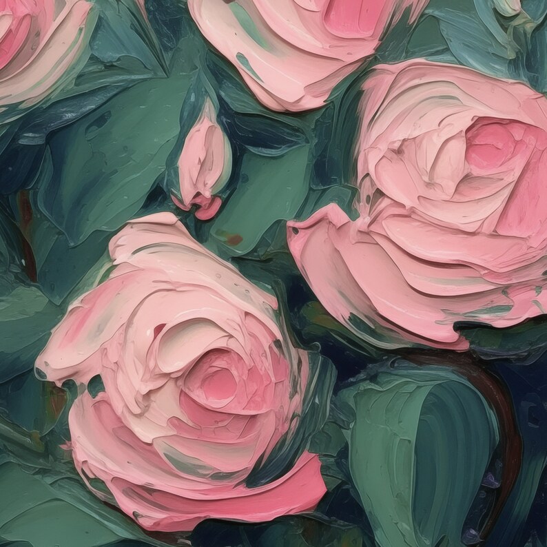 Abstract Pink Roses Painting, Vintage Style Floral Print, Pink Teal ...