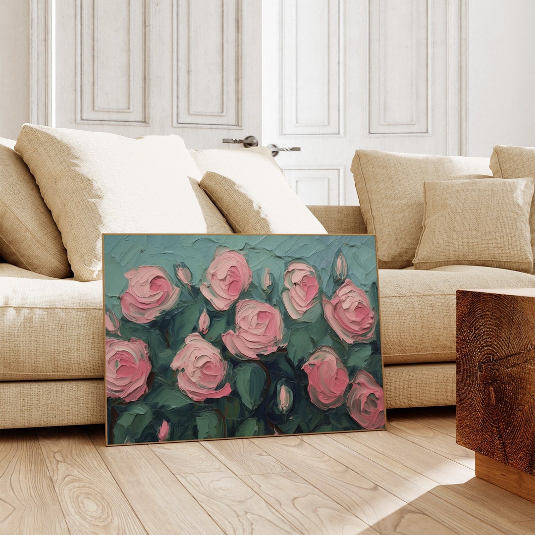 Abstract Pink Roses Painting, Vintage Style Floral Print, Pink Teal ...