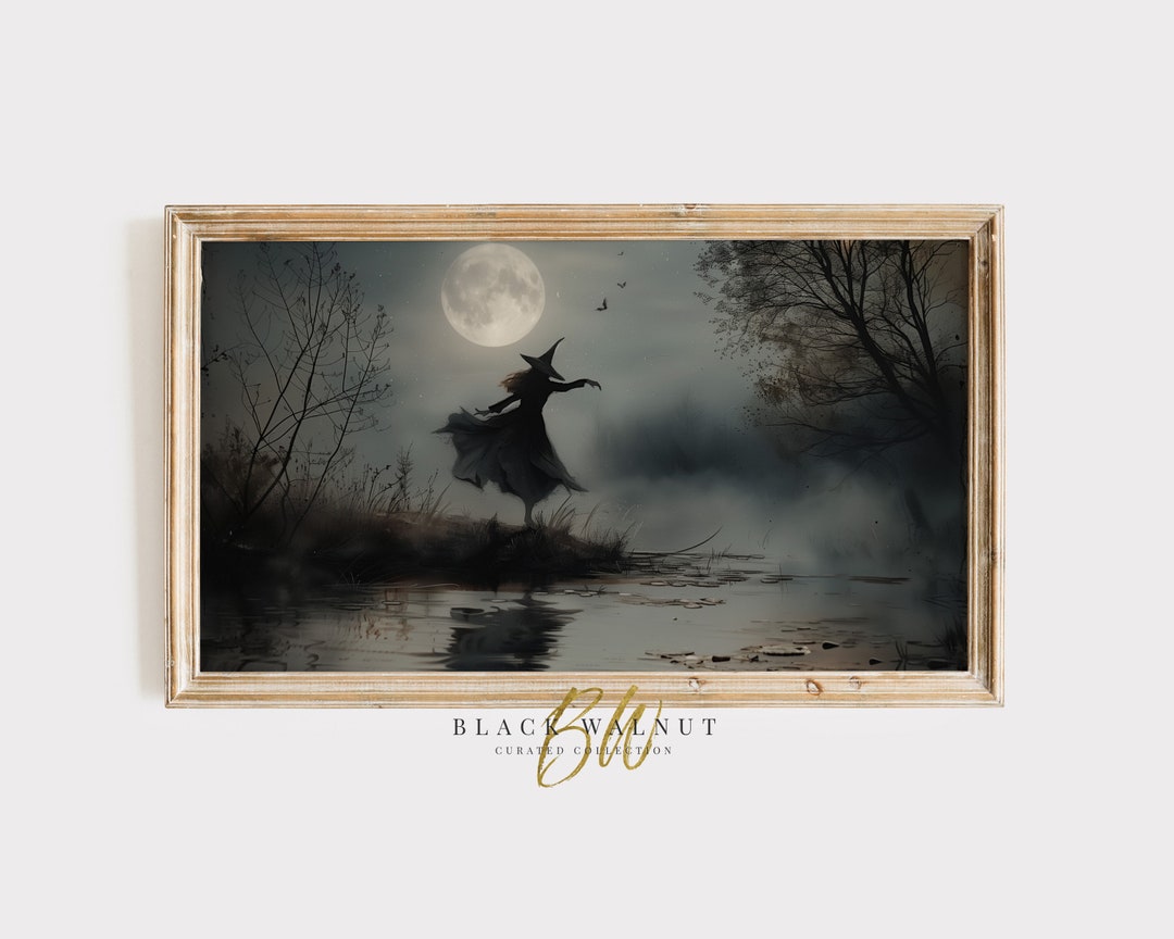 Halloween Frame TV Witch Art Full Moon Spooky Painting of Witch Dancing ...