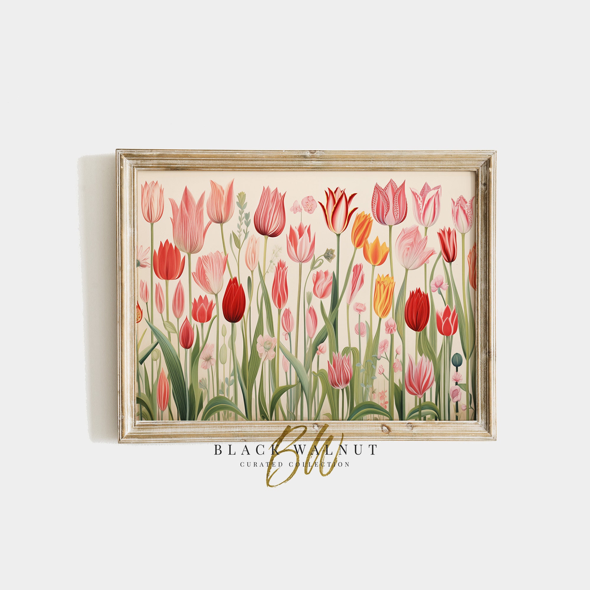 Tulips Wall Art Print, Retro Tulip Field Painting, Floral Illustration ...