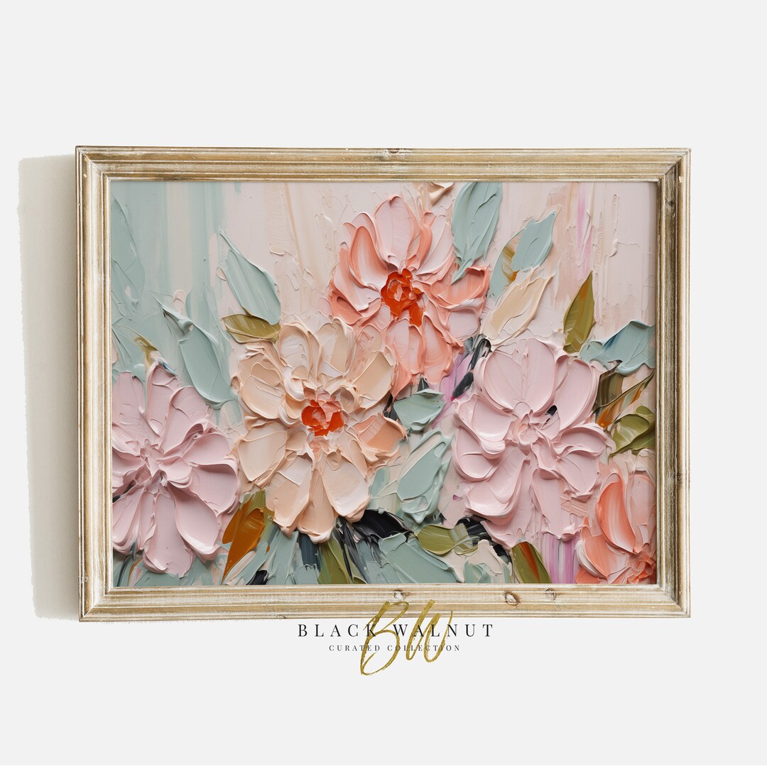 Abstract Pastel Flowers Print, Impasto 3D Painting, Vintage Style ...