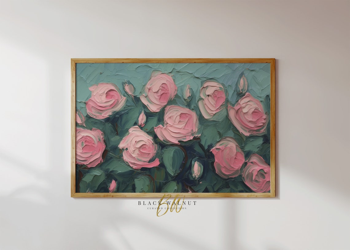 Abstract Pink Roses Painting, Vintage Style Floral Print, Pink Teal ...
