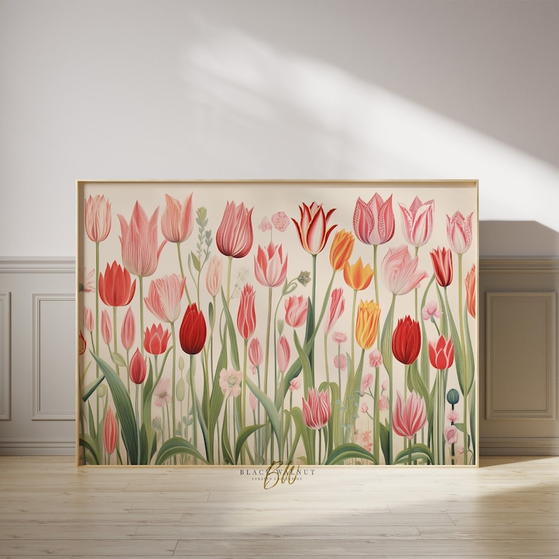 Tulips Wall Art Print, Retro Tulip Field Painting, Floral Illustration ...
