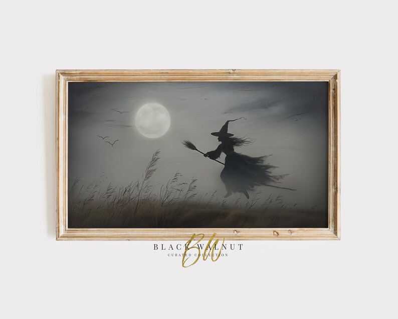 Witch Frame TV Art, Halloween Witch on Broomstick Under Full Moon, Dark ...