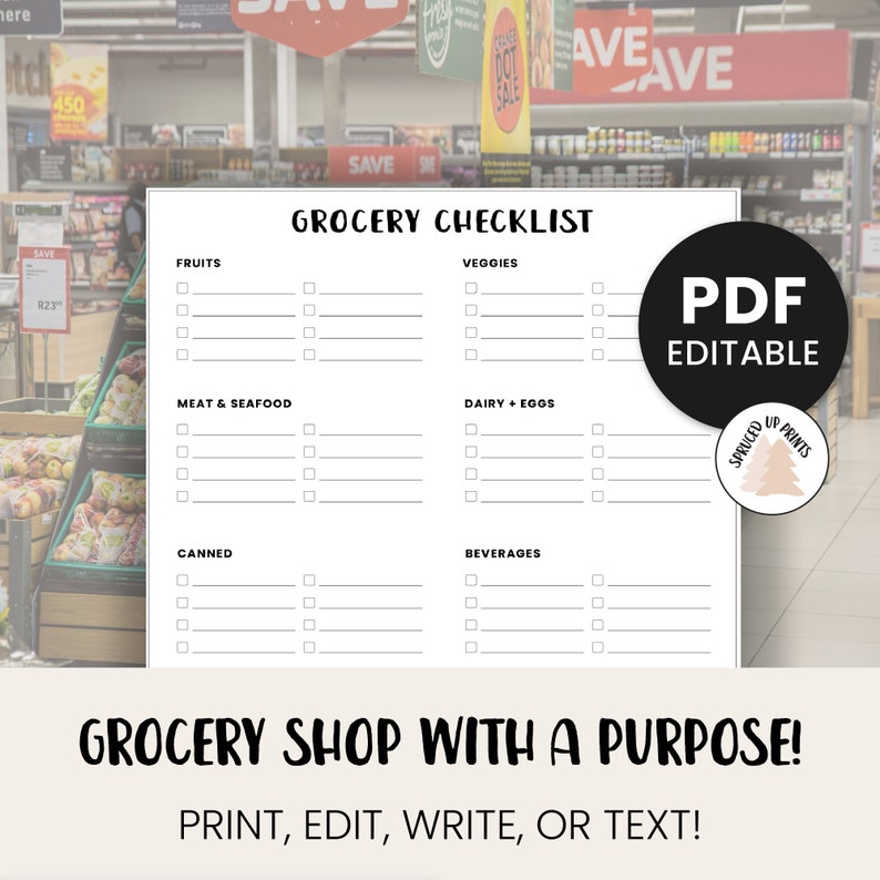 Printable Grocery Checklist | Editable Shopping List (PDF Pattern) - Etsy