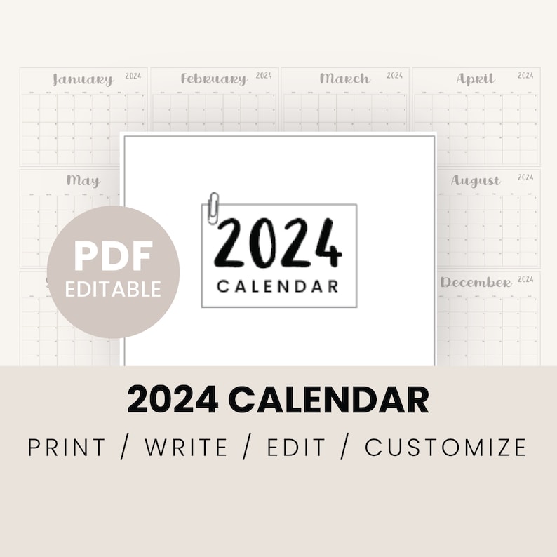 2024 Calendar | Printable & Editable | 2024 Calendar Template | Letter ...