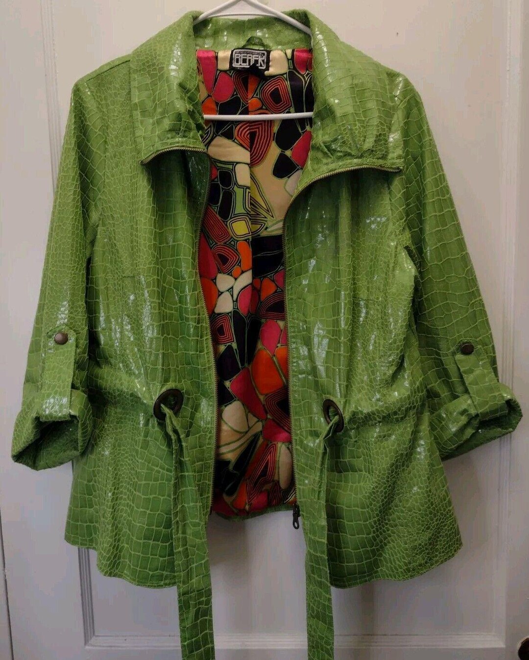 New Berek Jacket Green Shiny Art to Wear Crocodile M Waist Tie Full Zip ...