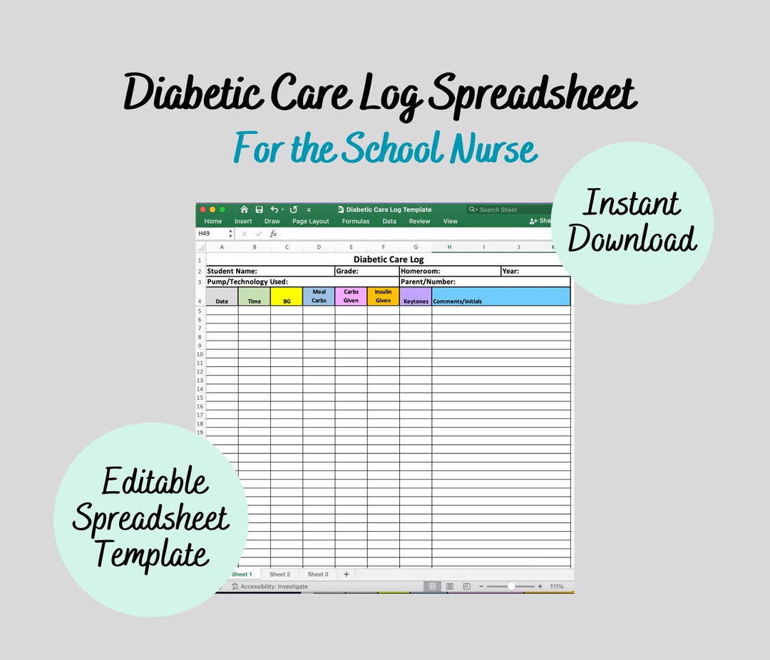 School Nurse Diabetic Care Log Spreadsheet School Nurse Medication ...