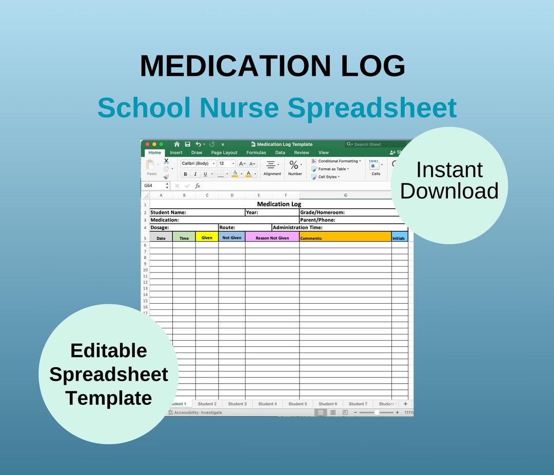 School Nurse Medication Log Spreadsheet: Editable Excel Template ...