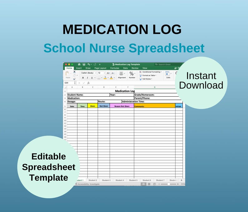 School Nurse Medication Log Spreadsheet: Editable Excel Template ...