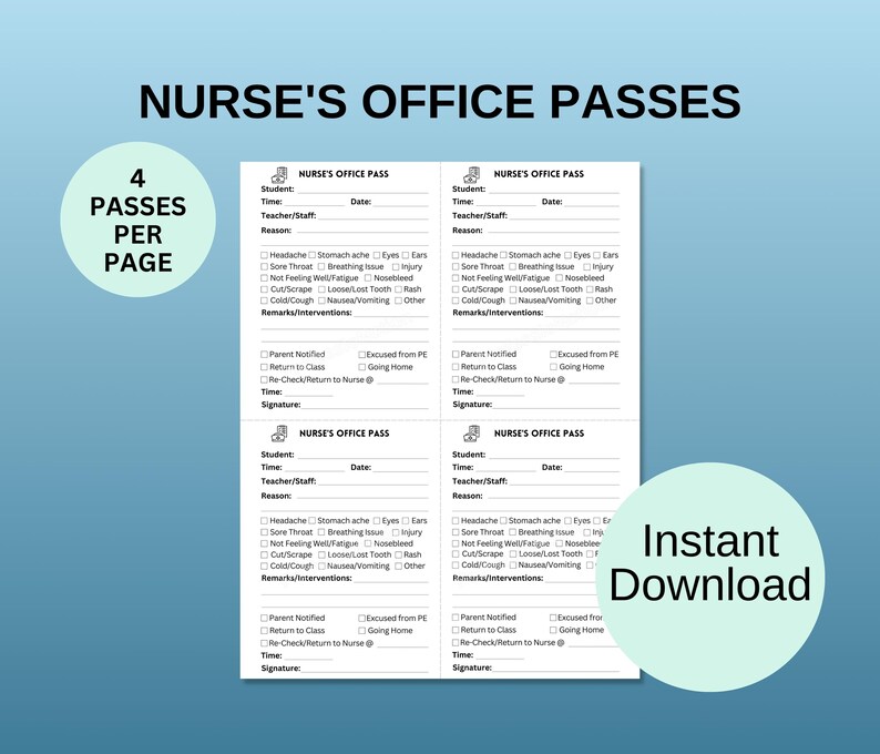 School Nurse Pass Printable Long Version: Health Office Forms (PDF ...