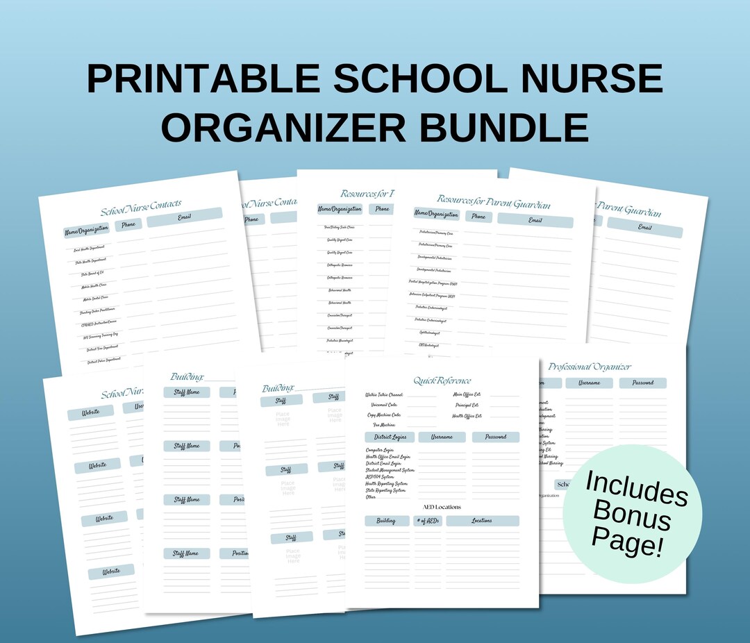 School Nurse Printable Organizer Bundle, School Nurse Password Keeper ...