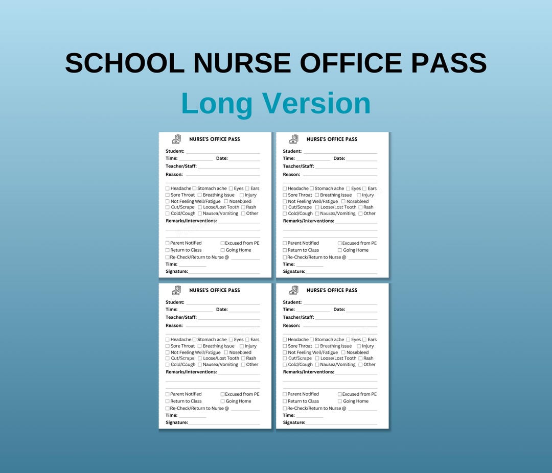 School Nurse Pass Printable Long Version: Health Office Forms (PDF ...