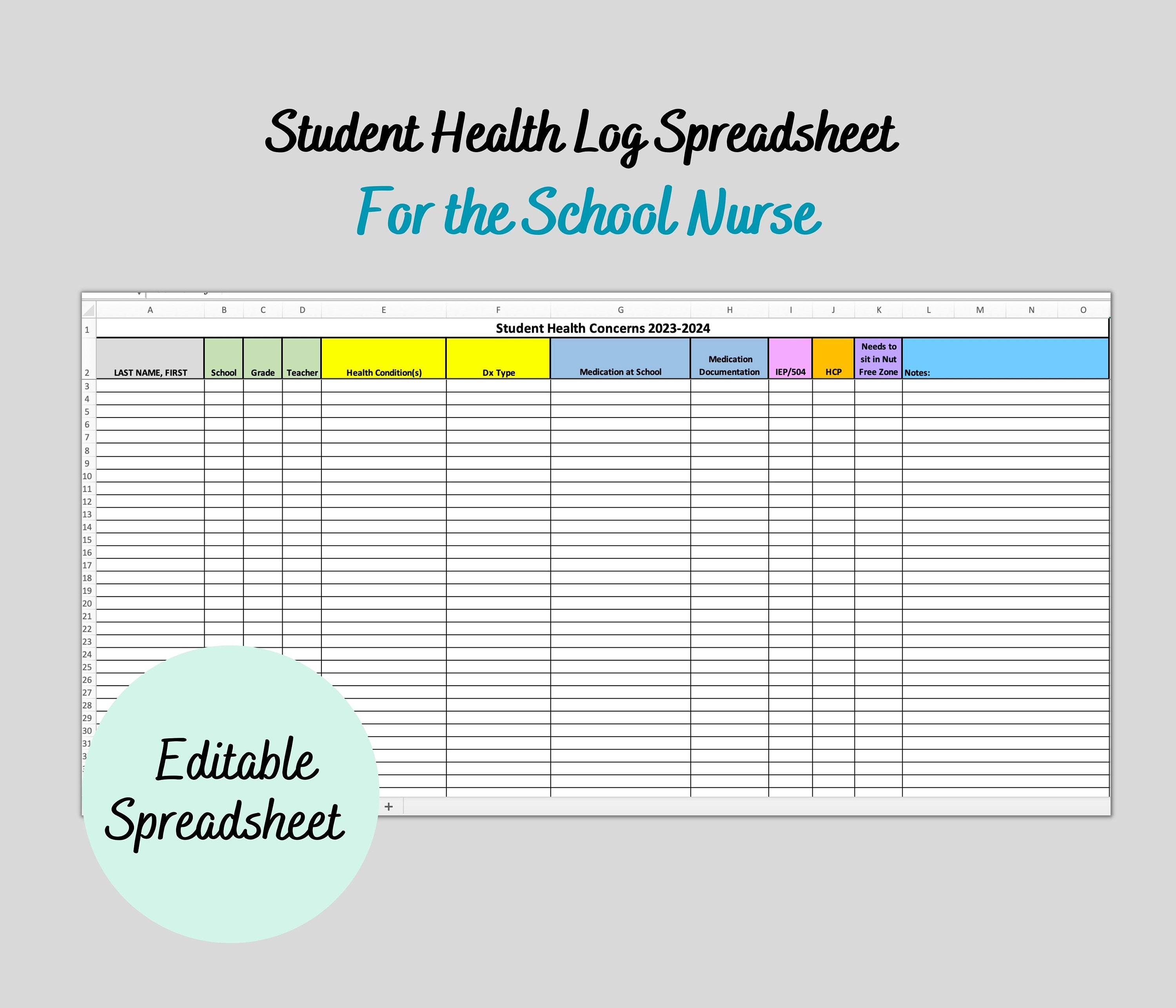 School Nurse Log Spreadsheet, Student Health Concerns Template, School ...