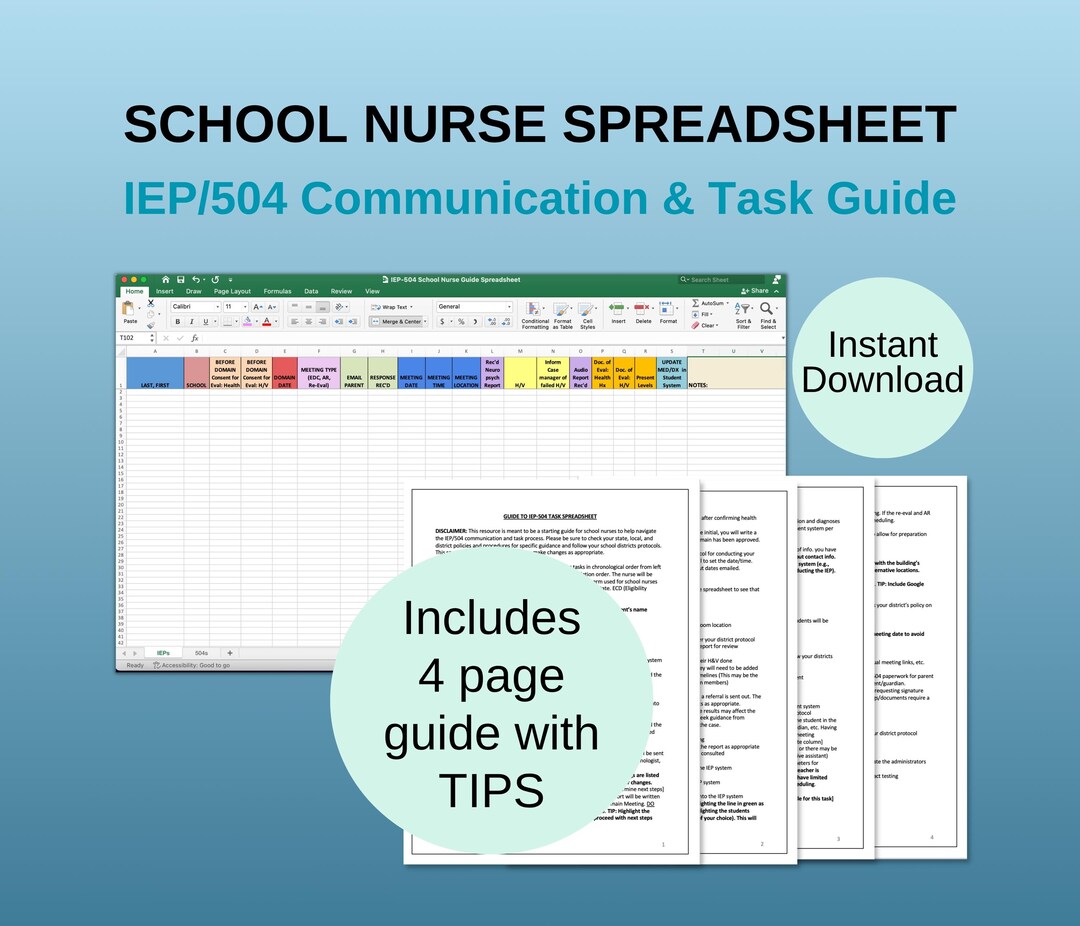 School Nurse Guide Spreadsheet, School Nurse Planner, School Nurse to ...