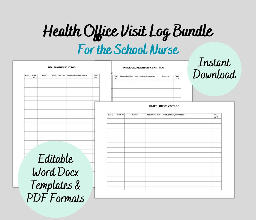 School Nurse Office Visit Template Bundle, Health Office Log, Printable ...