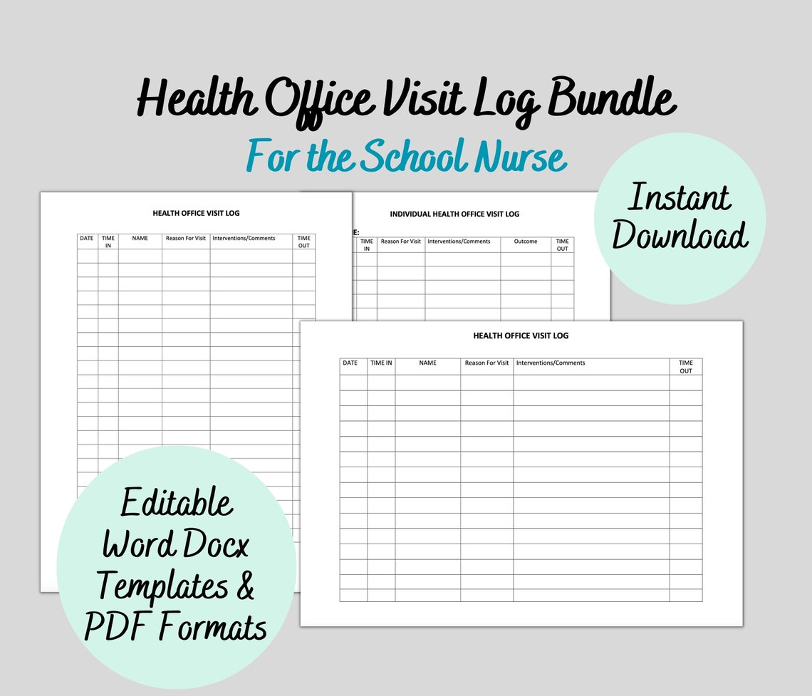 School Nurse Office Visit Template Bundle, Health Office Log, Printable ...