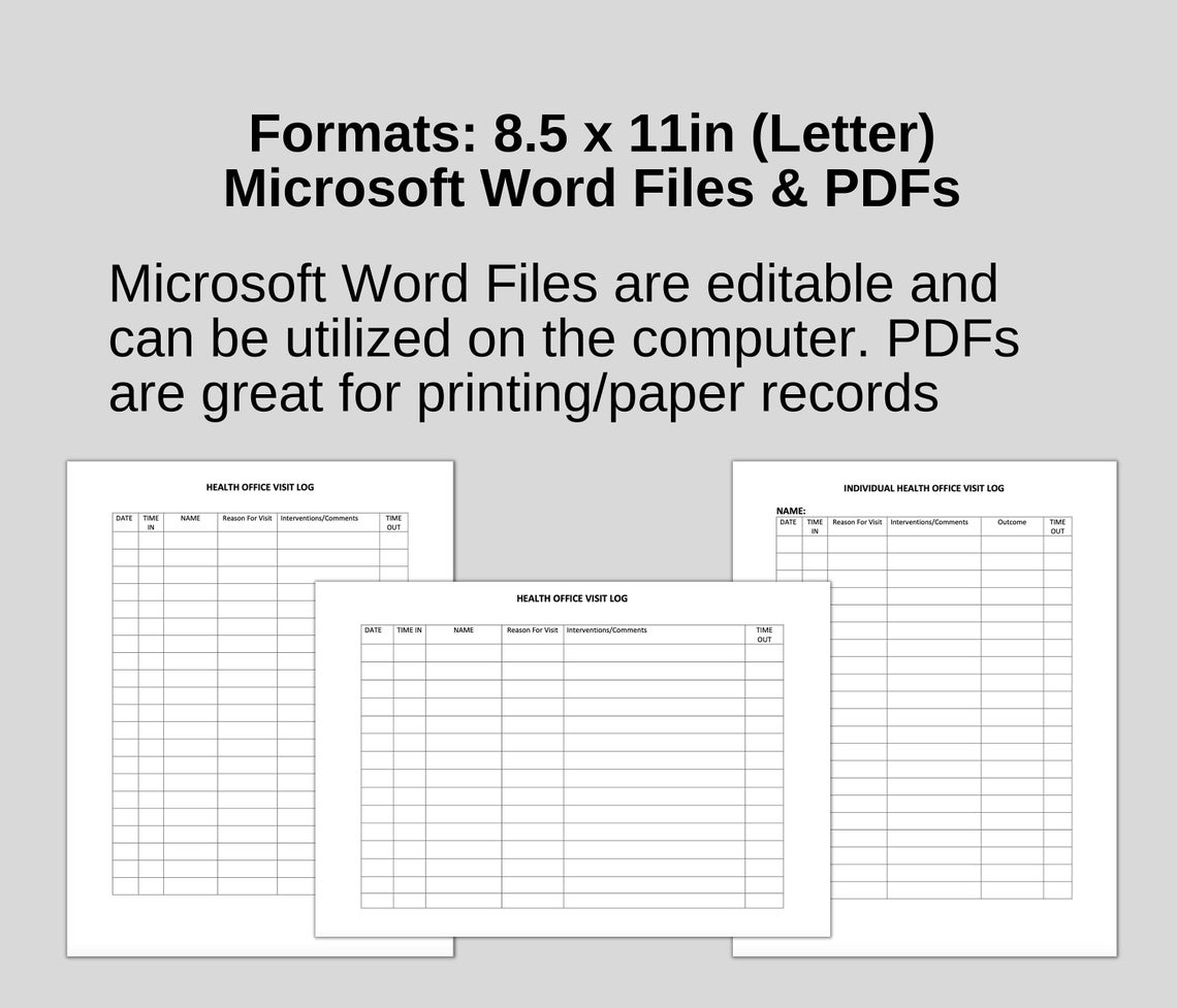 School Nurse Office Visit Template Bundle, Health Office Log, Printable ...