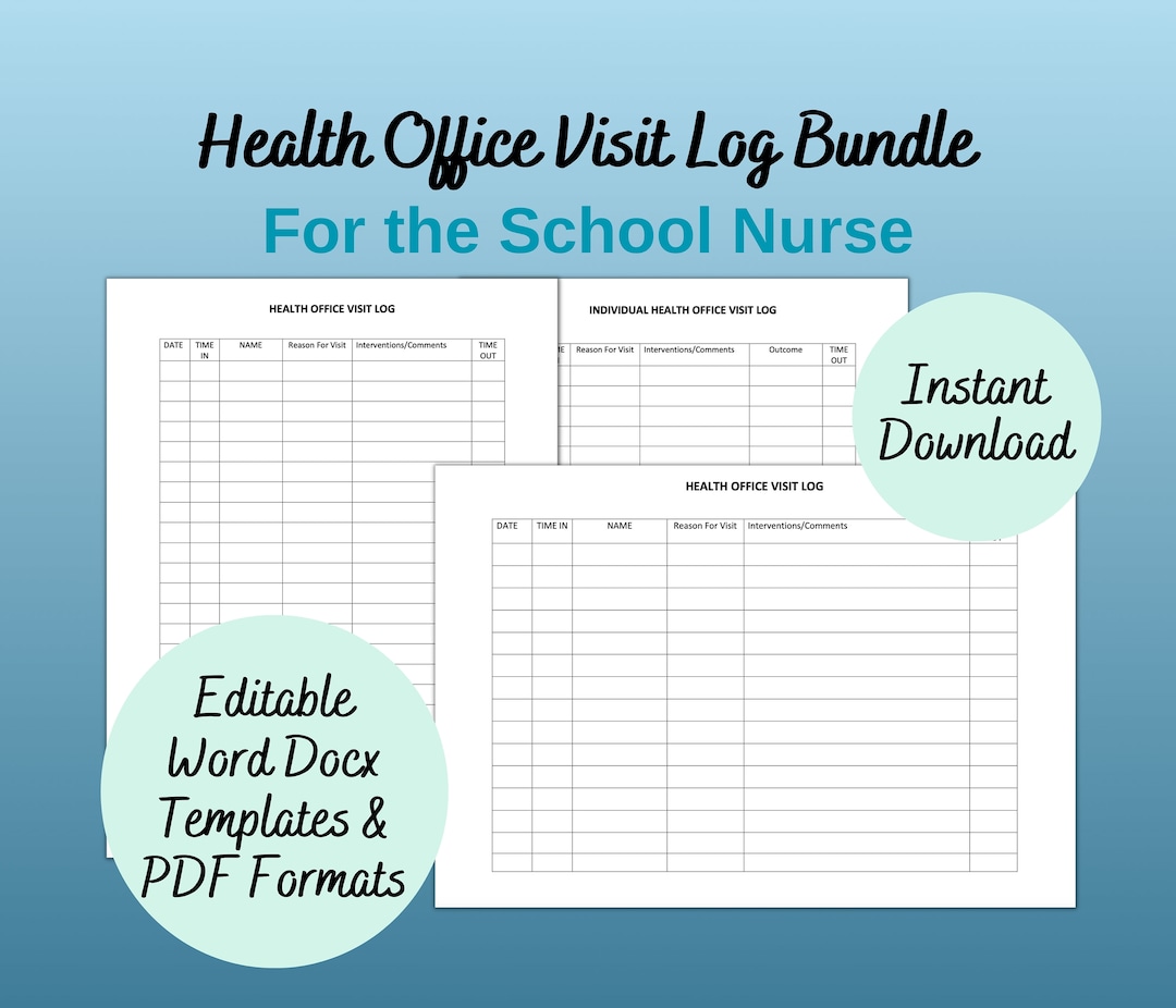School Nurse Office Visit Template Bundle, Health Office Log, Printable ...