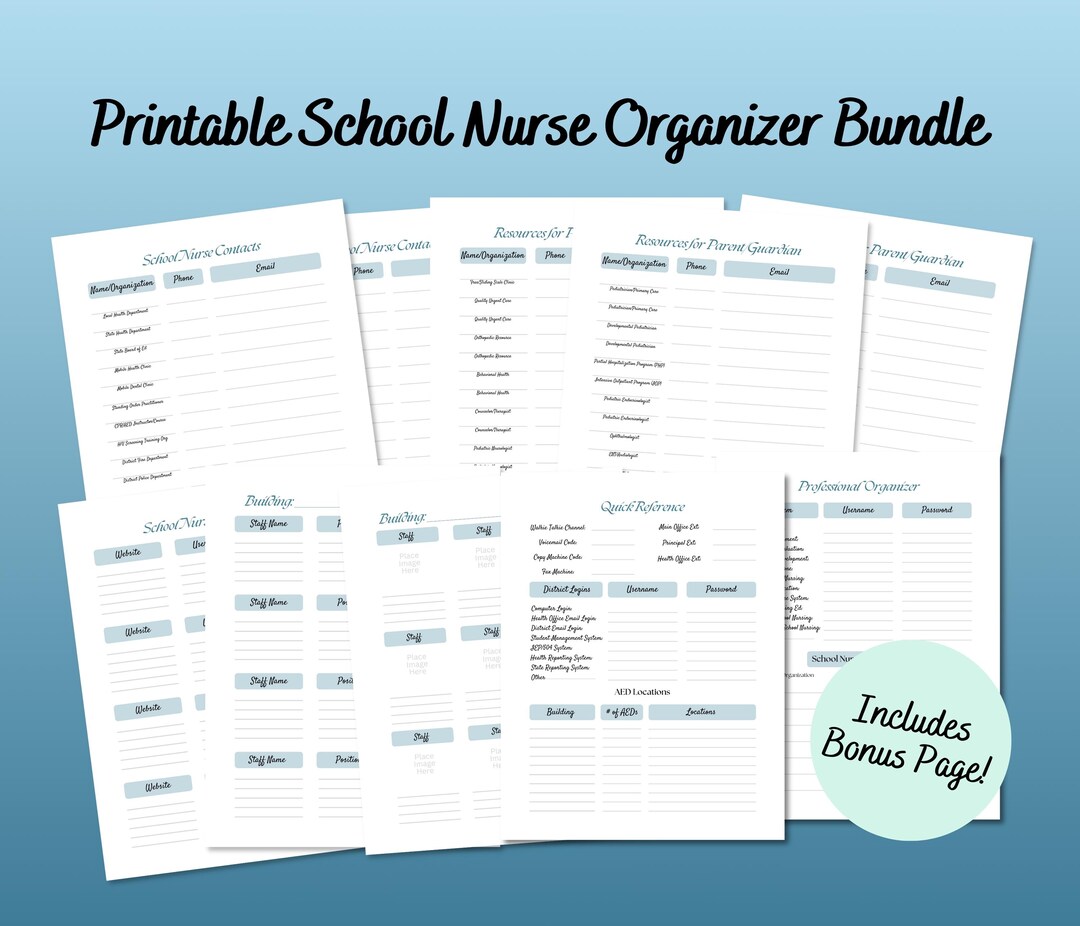 School Nurse Printable Organizer Bundle, School Nurse Password Keeper ...