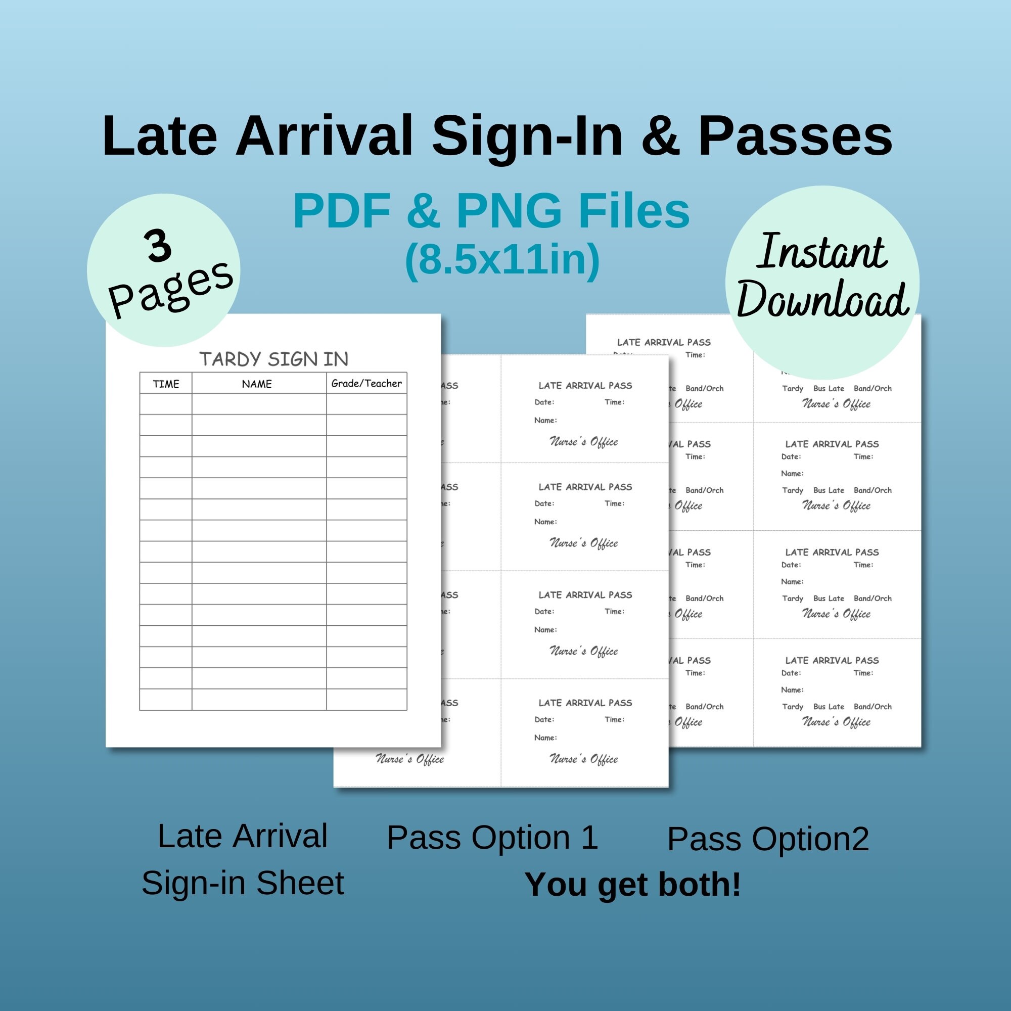 School Nurse Pass Printable Bundle Late Arrival Pass Tardy Sign In School Nurse Office Pass