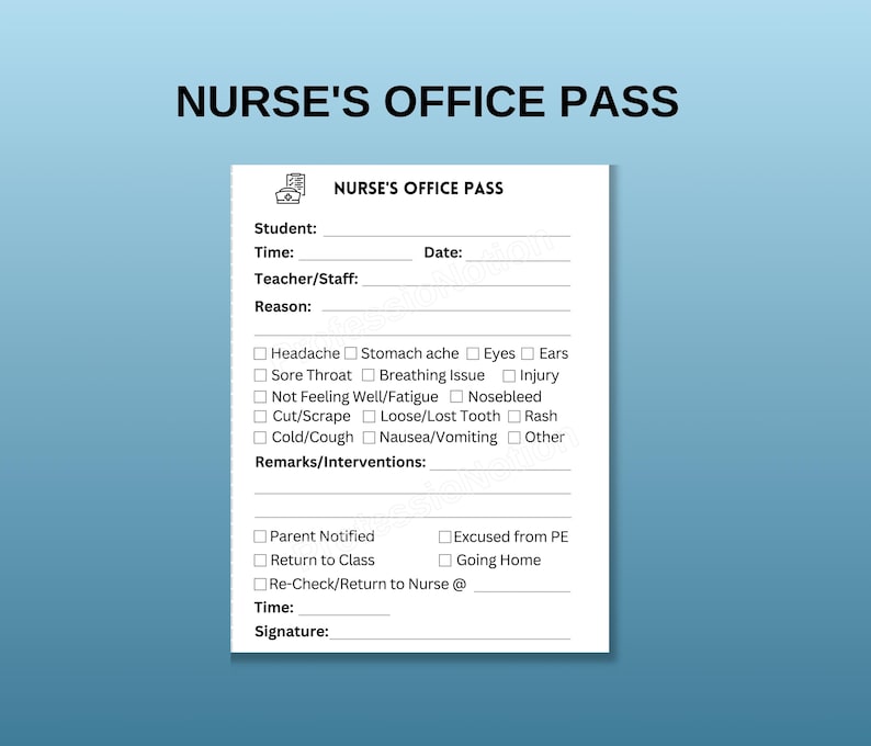 School Nurse Pass Printable Long Version: Health Office Forms (PDF ...