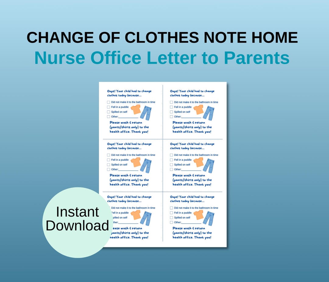 Change of Clothes Letter for Parents, School Nurse Note to Parent ...