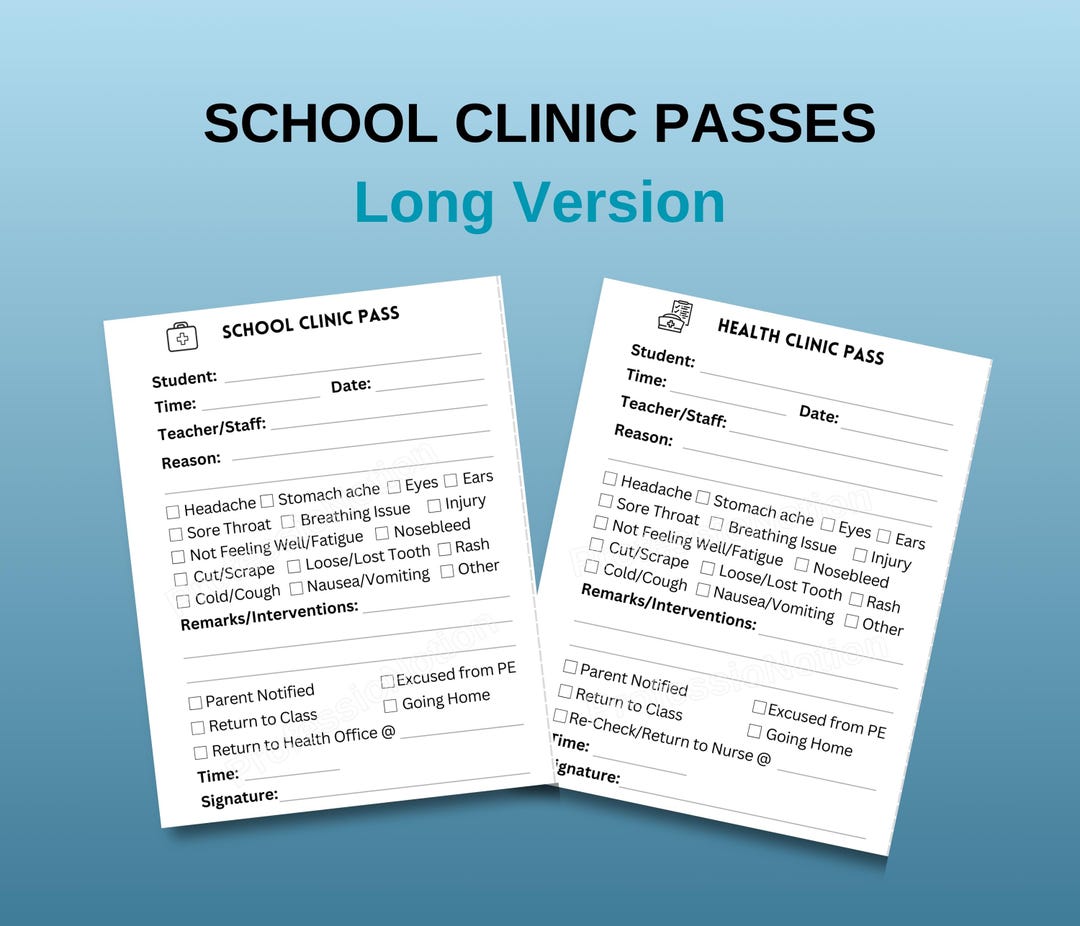 School Clinic Pass Printable Long Version: Nurse Office Forms (PDF ...