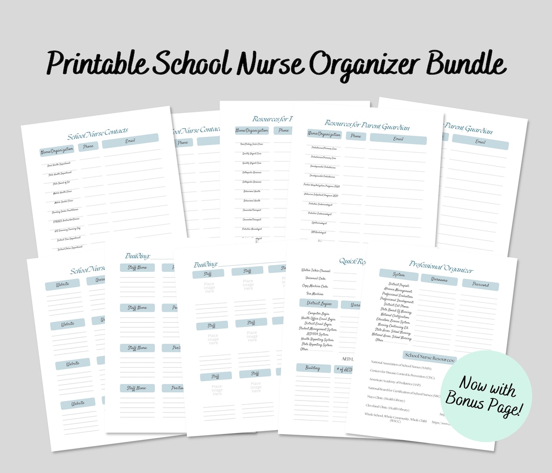 School Nurse Printable Organizer Bundle, School Nurse Password Keeper, School Nurse Quick ...