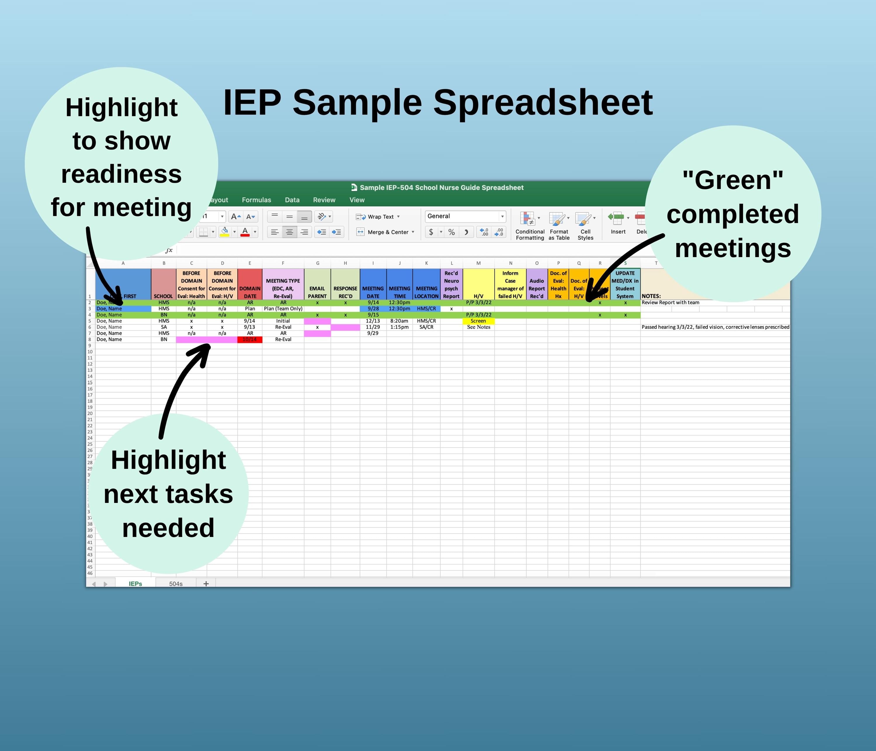 School Nurse Planner: IEP & 504 Tracking Spreadsheet (editable, Digital ...