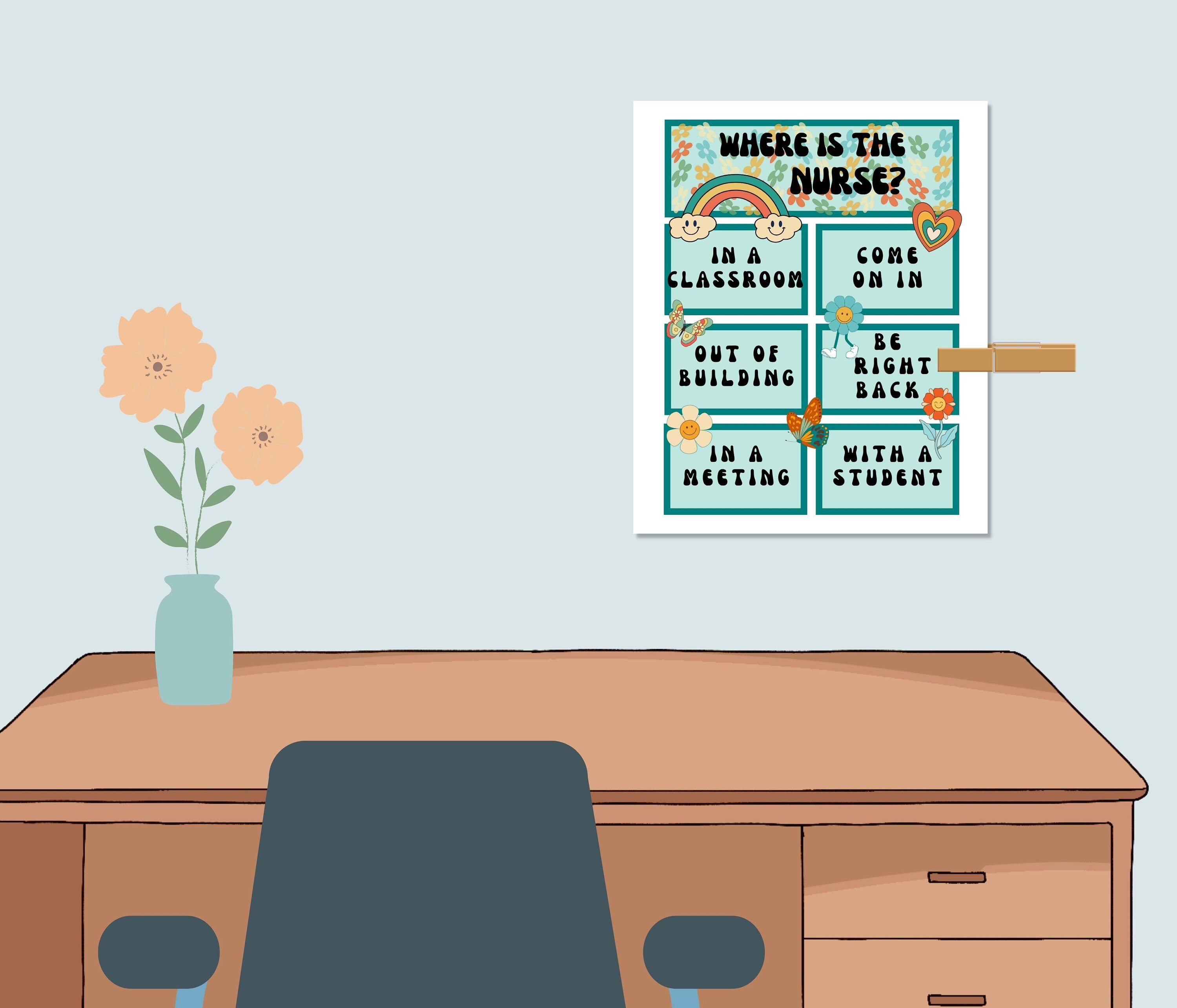 School Nurse Printable Poster Where Is The Nurse Sign Colorful Health Office Decor Groovy