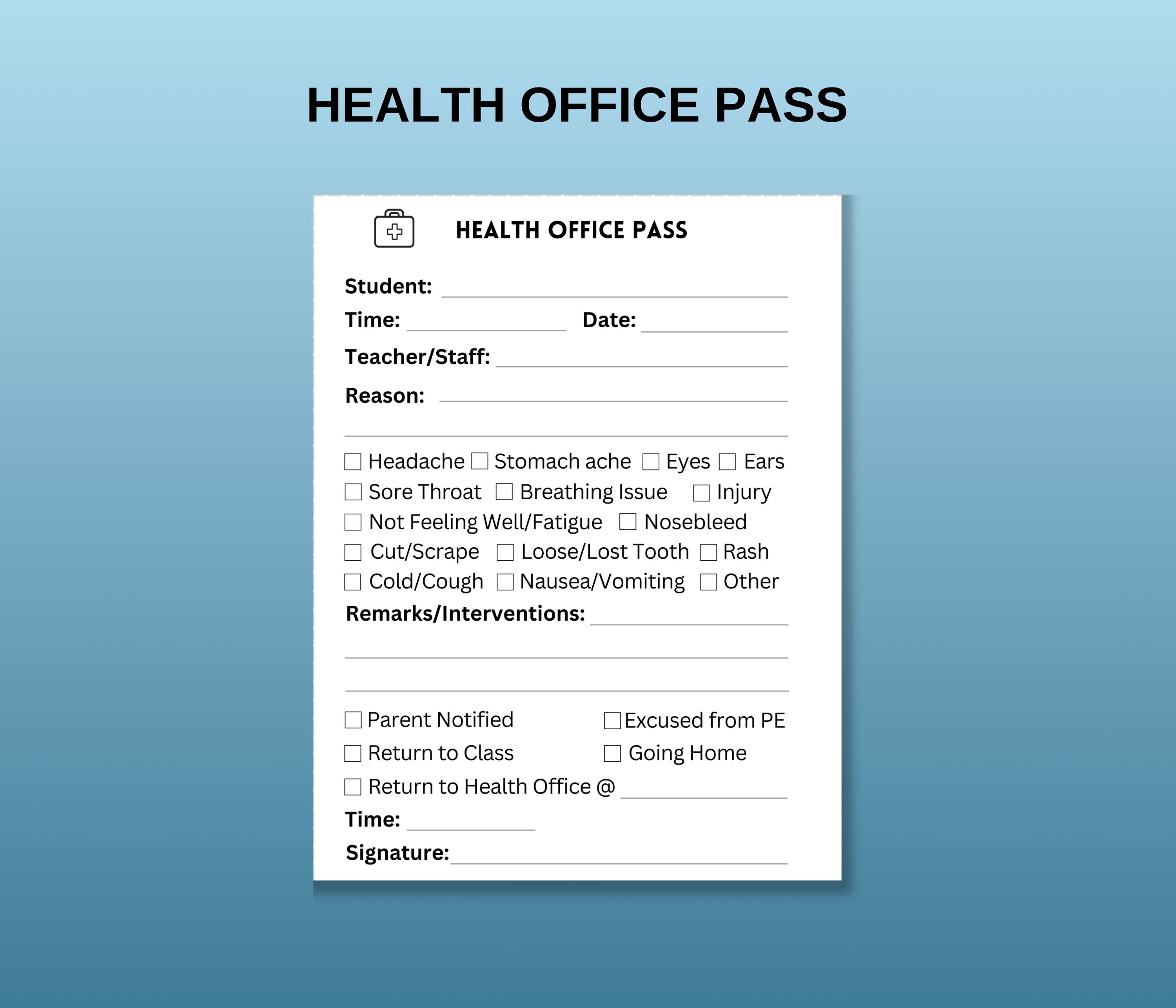 School Health Office Pass, School Nurse Pass, Health Office Printable ...