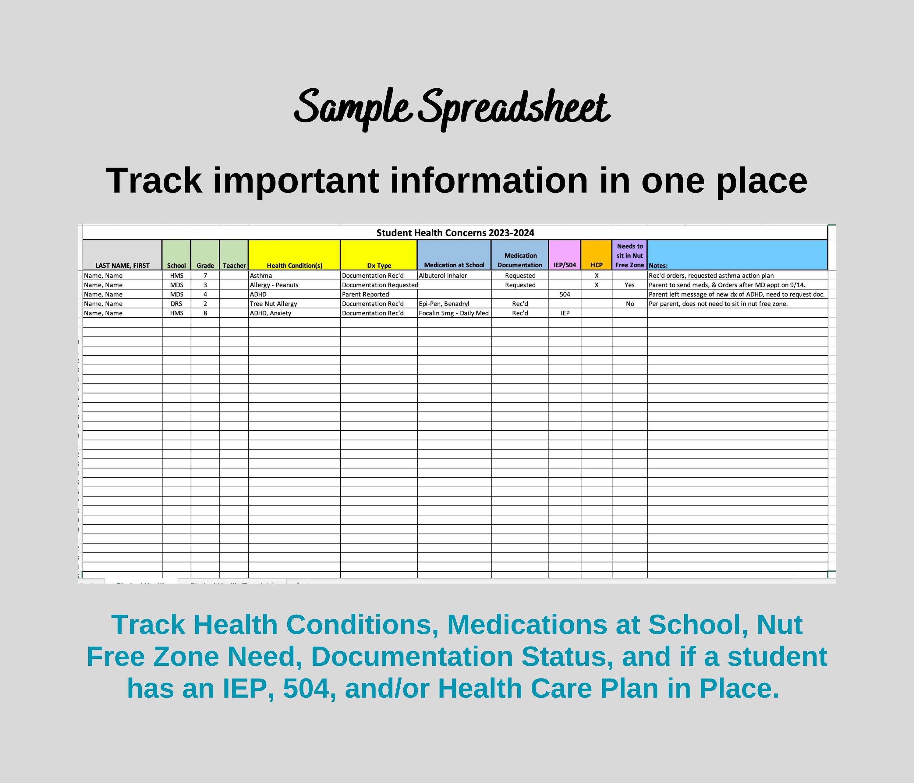 School Nurse Log Spreadsheet, Student Health Concerns Template, School ...