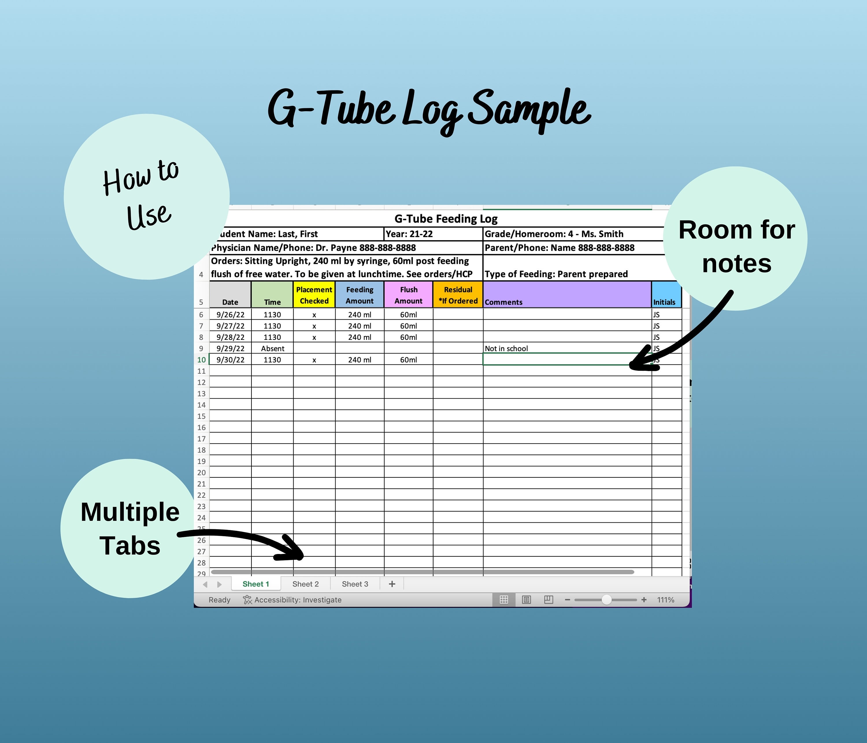 School Nurse G-tube Feeding Log Spreadsheet School Nurse Medication ...