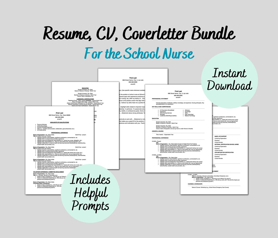 School Nurse Resume, CV, Cover Letter Bundle School Nurse Resume ...