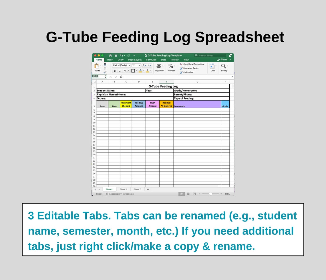 School Nurse G-tube Feeding Log Spreadsheet School Nurse Medication ...