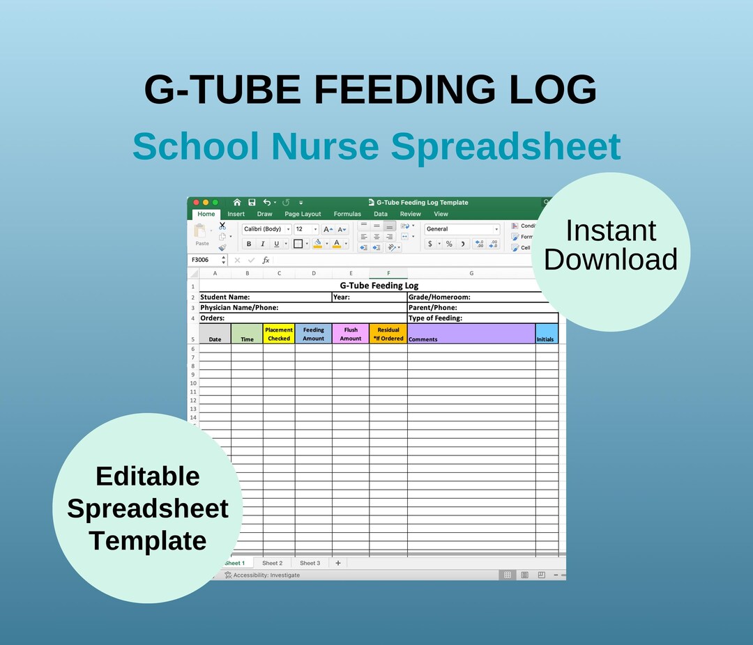 School Nurse G-tube Feeding Log: Editable Excel Spreadsheet (digital ...