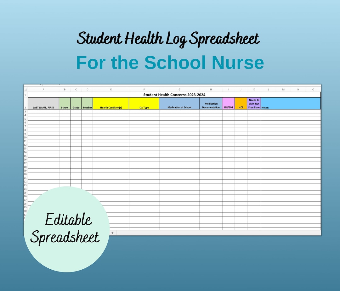 School Nurse Log Spreadsheet, Student Health Concerns Template, School ...