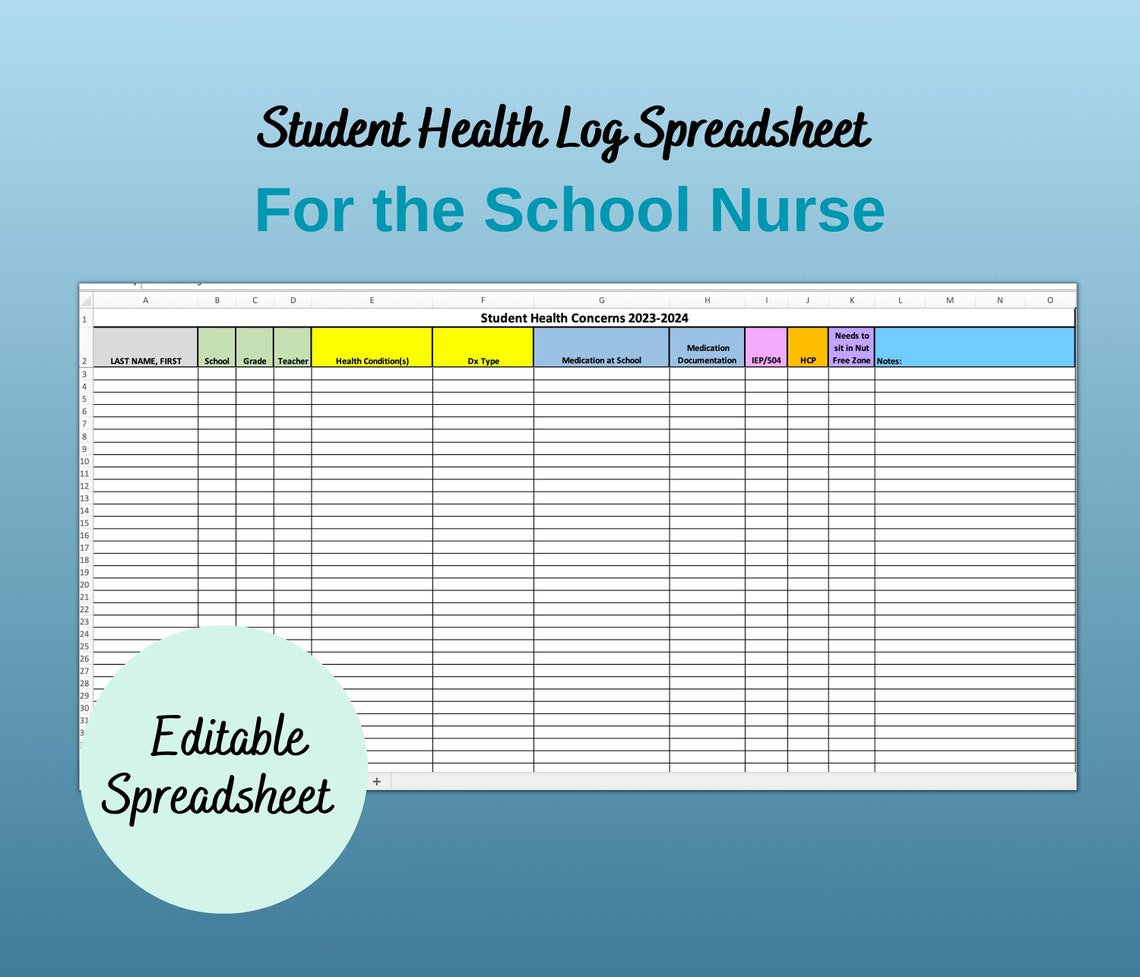 School Nurse Log Spreadsheet, Student Health Concerns Template, School ...