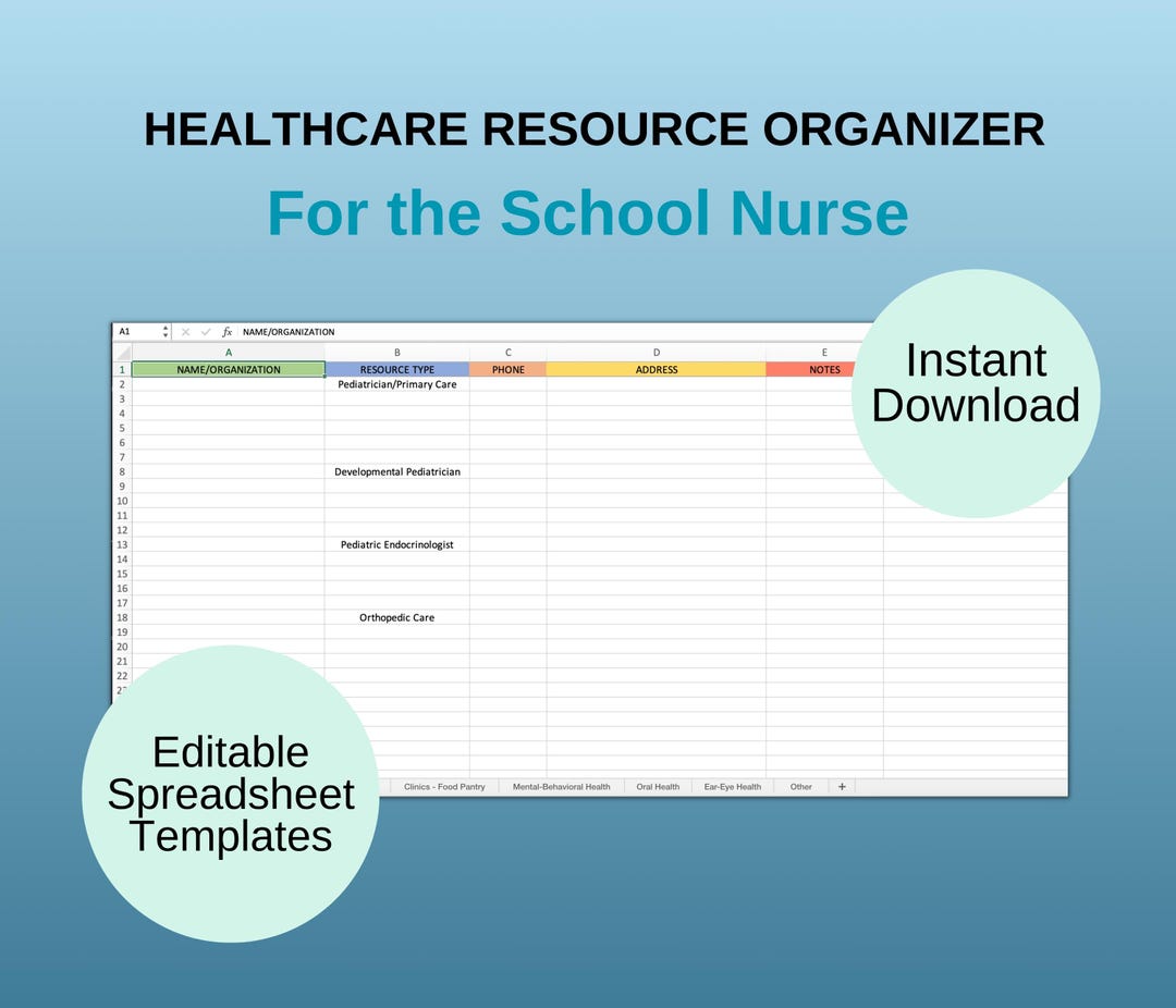 School Nurse Resource Spreadsheet: Editable Health Office Organizer ...