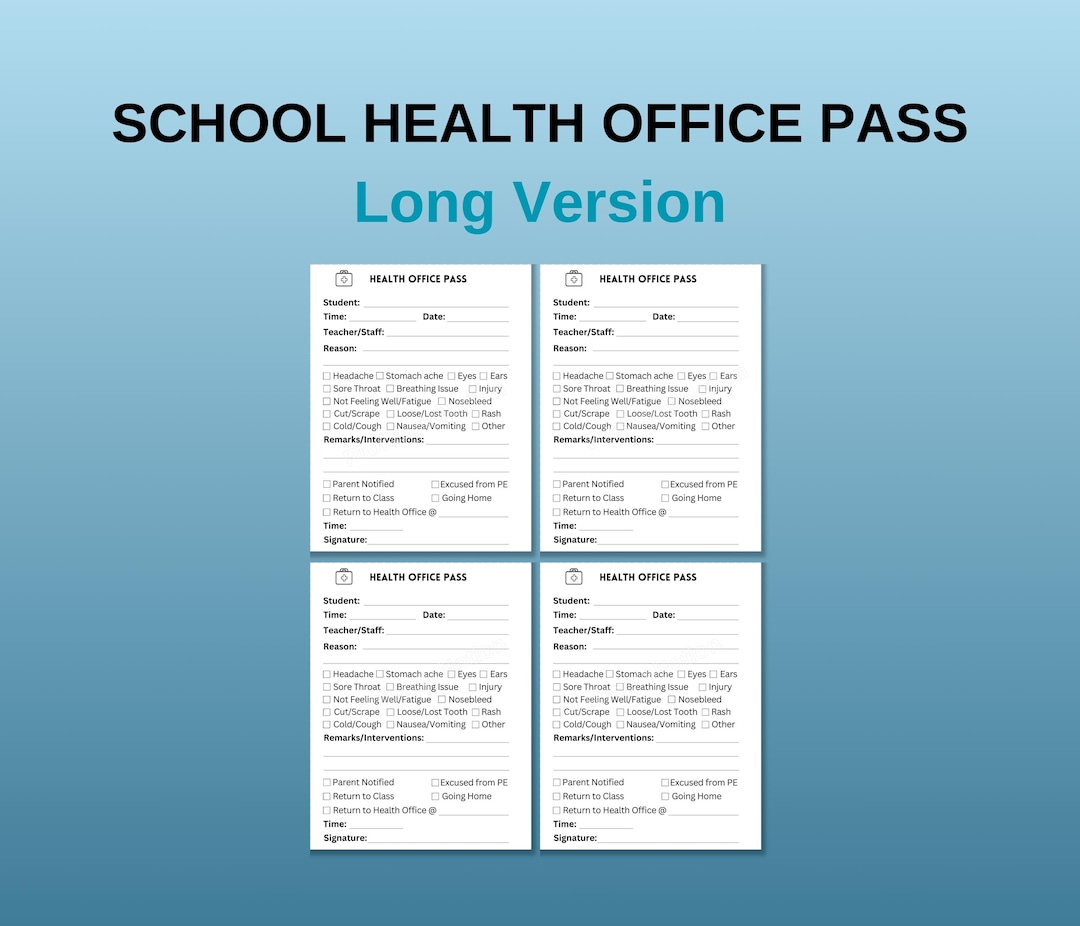 School Health Office Pass Printable Long Version: Nurse Office Forms ...